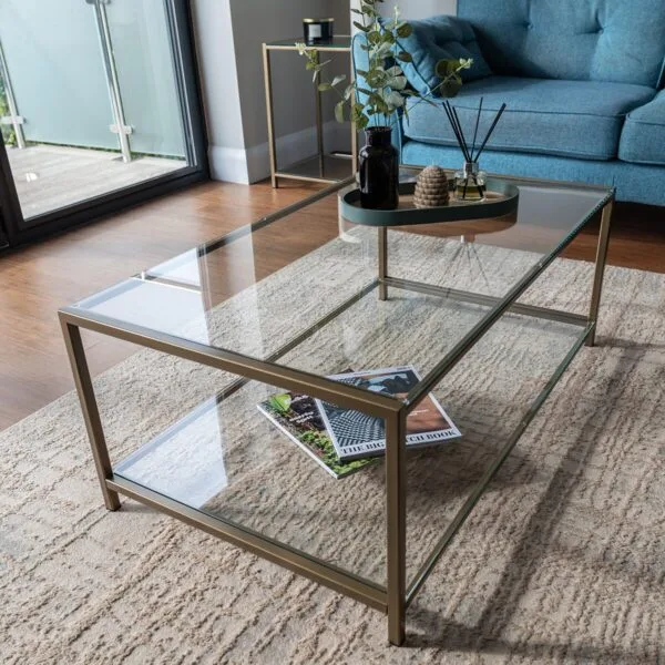 Westminster Steel & Glass Coffee Table with Glass Shelf - Stoaked
